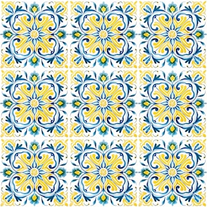 Yellow and Blue Vintage Watercolor Square Tile, Mosaic for Decoration ...