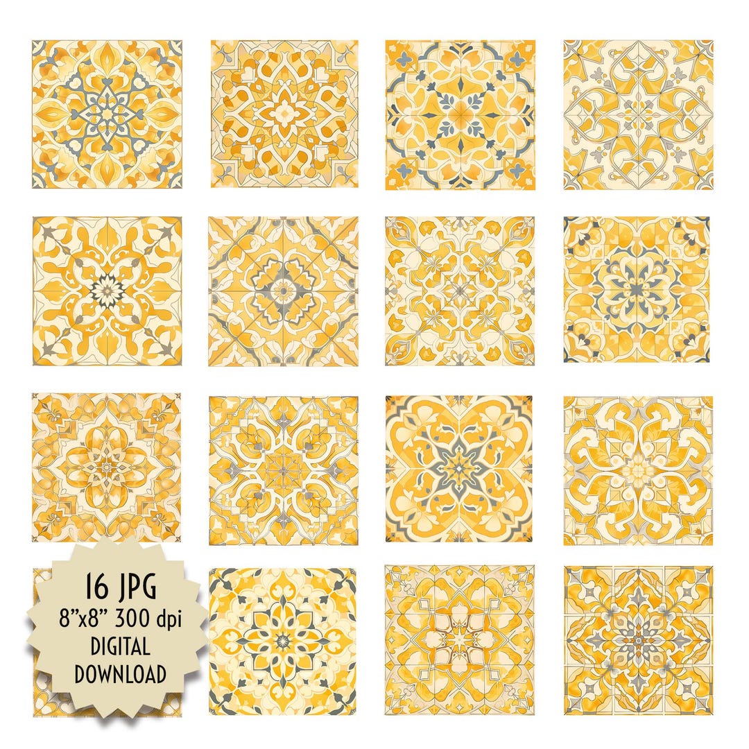 Mustard Yellow Gold, Light Gray Digital Tile, Mediterranean Mosaic ...