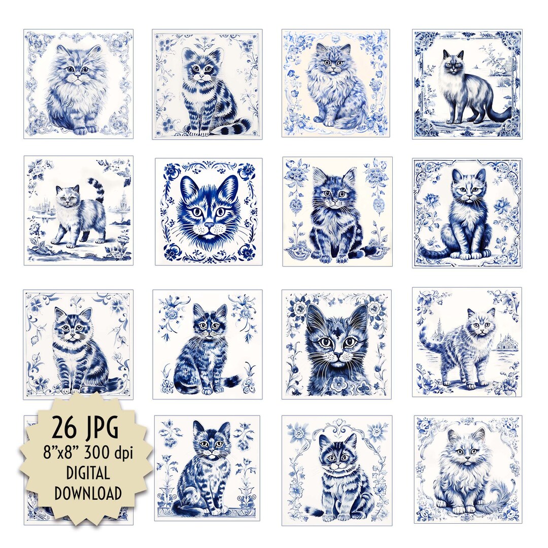 26 Antique Cat Tiles Blue and White Hand-painted Porcelain Decor ...