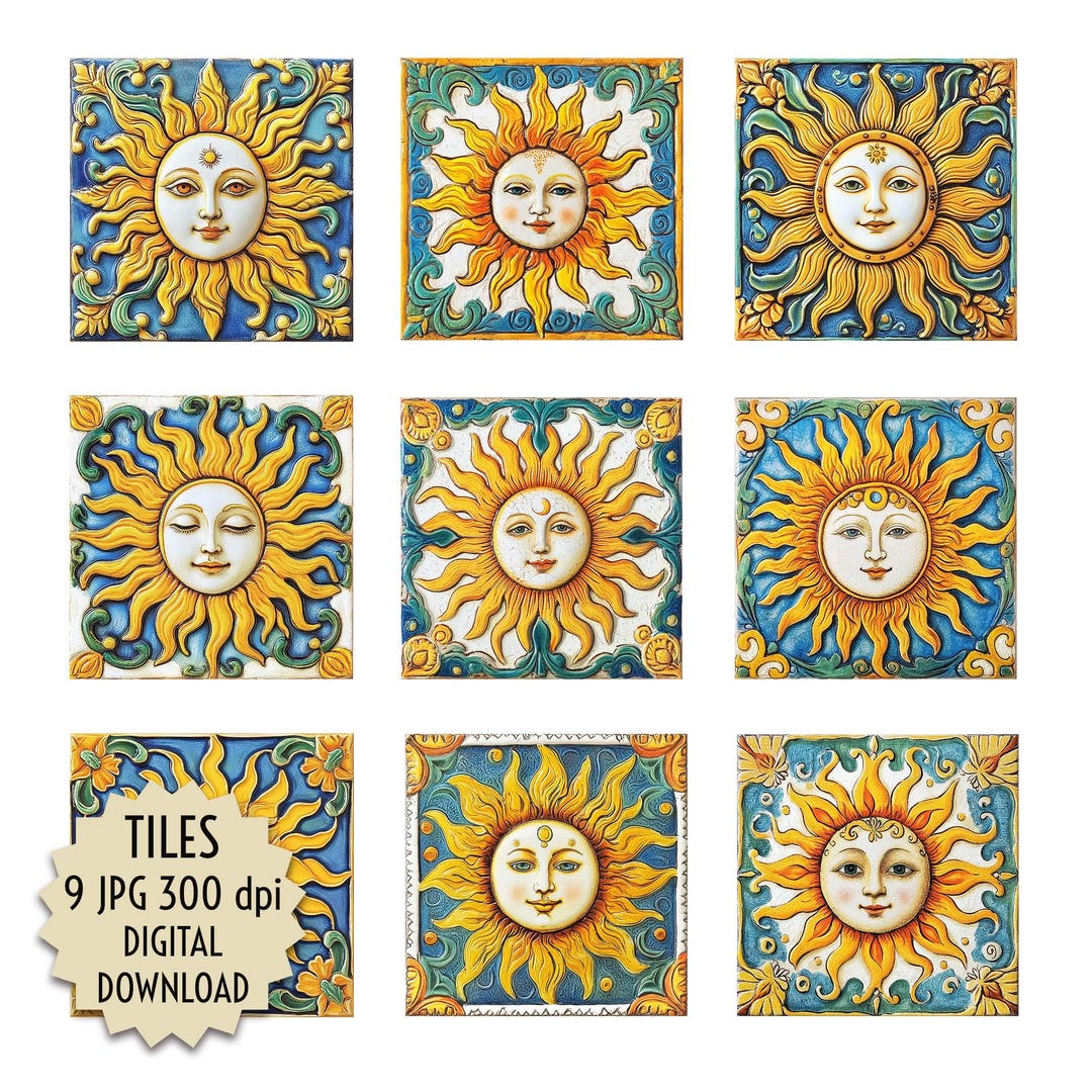 Sun Face Tile Set, 9 Digital Ceramic Patterns, Blue Yellow Decorative ...