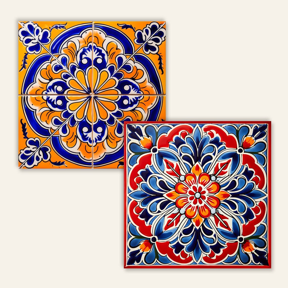 16 Red Blue Yellow Orange Tiles Floral Symmetrical Digital Design ...