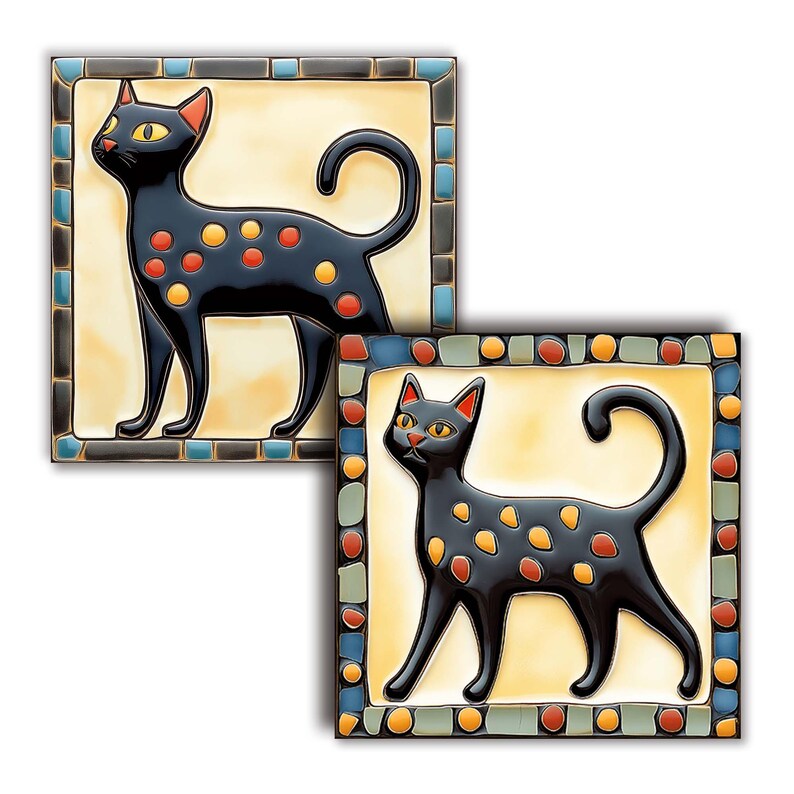 Black Cat Relief Tiles, Beige Background, Folk Naïve Art, Glazed ...