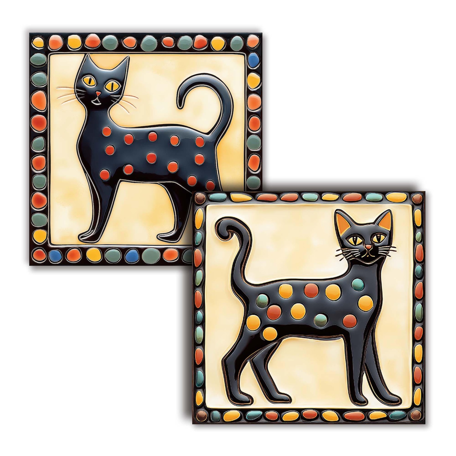 Black Cat Relief Tiles, Beige Background, Folk Naïve Art, Glazed ...