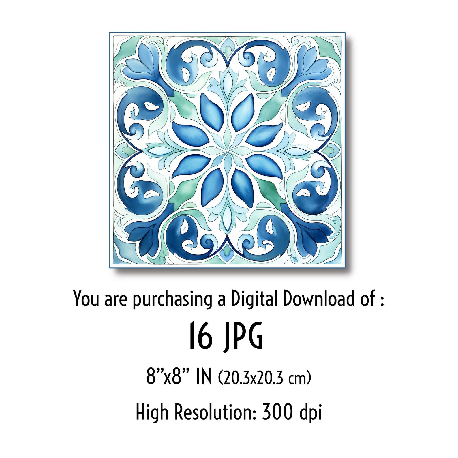 Blue and Green Tile Floral Pattern Watercolor Square Mosaic ...