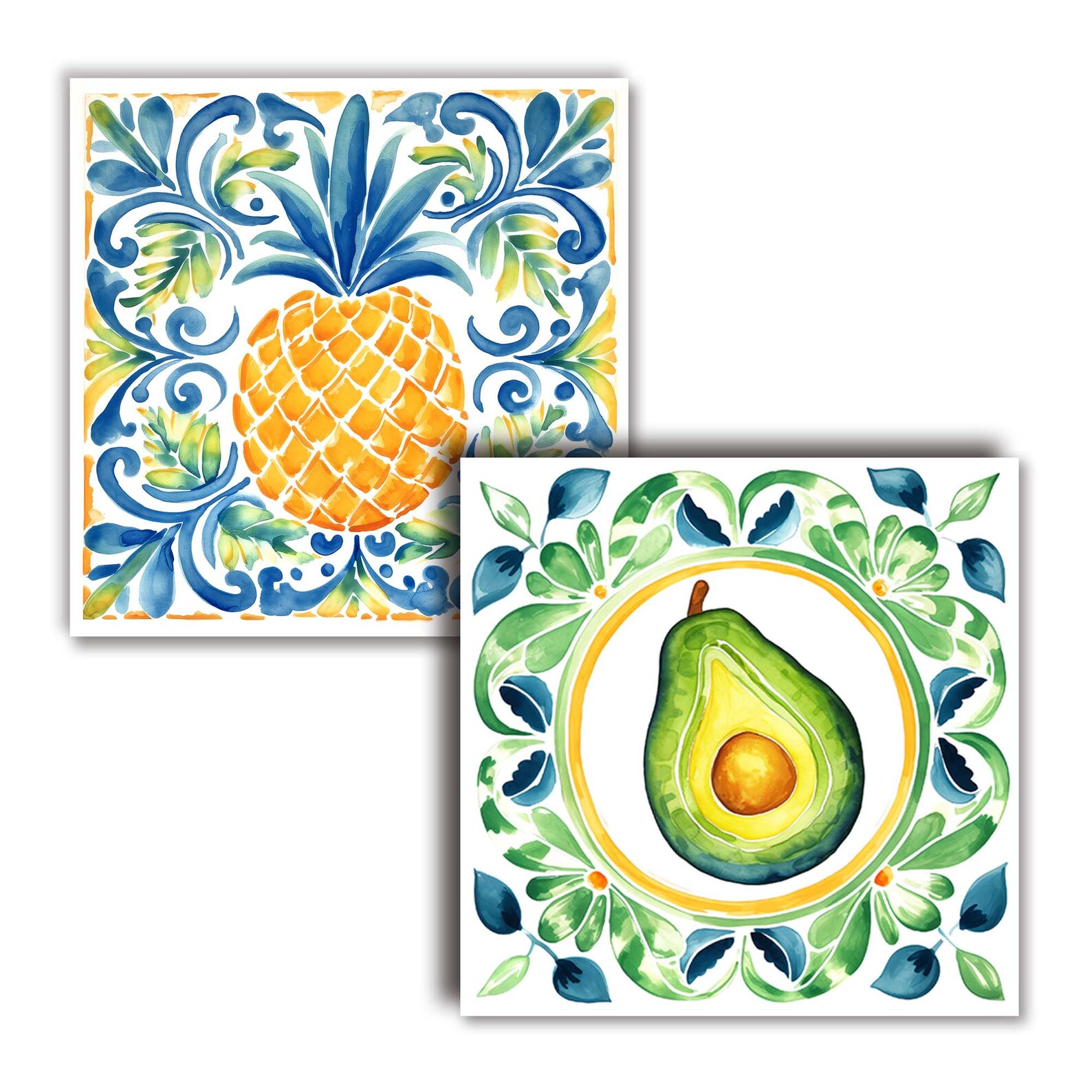 Fruit Illustration Tiles, Watercolor in Blue Green Red Orange Yellow ...
