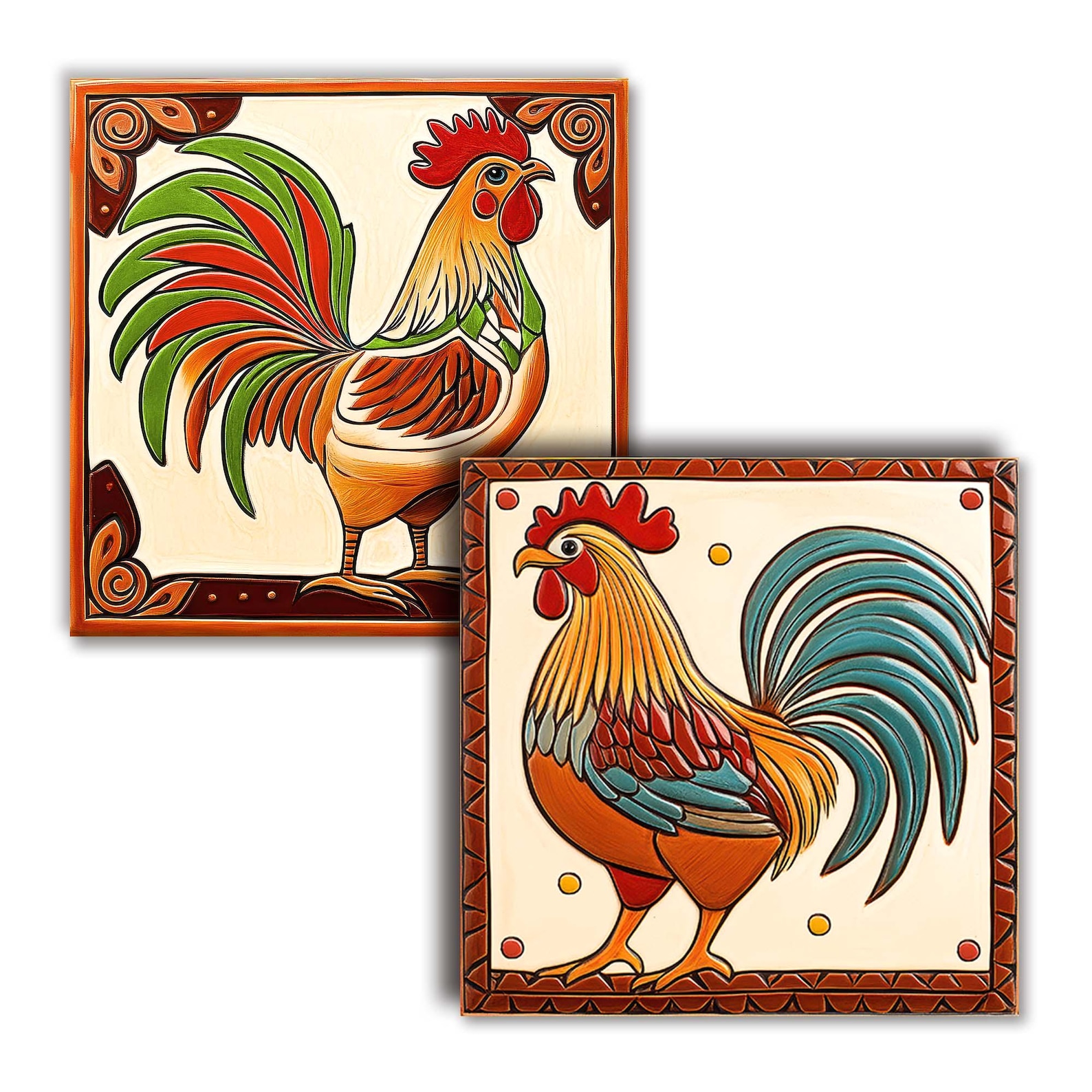 Farmhouse Rooster Tile, Rustic Folk Style, Vibrant Colors, Digital ...