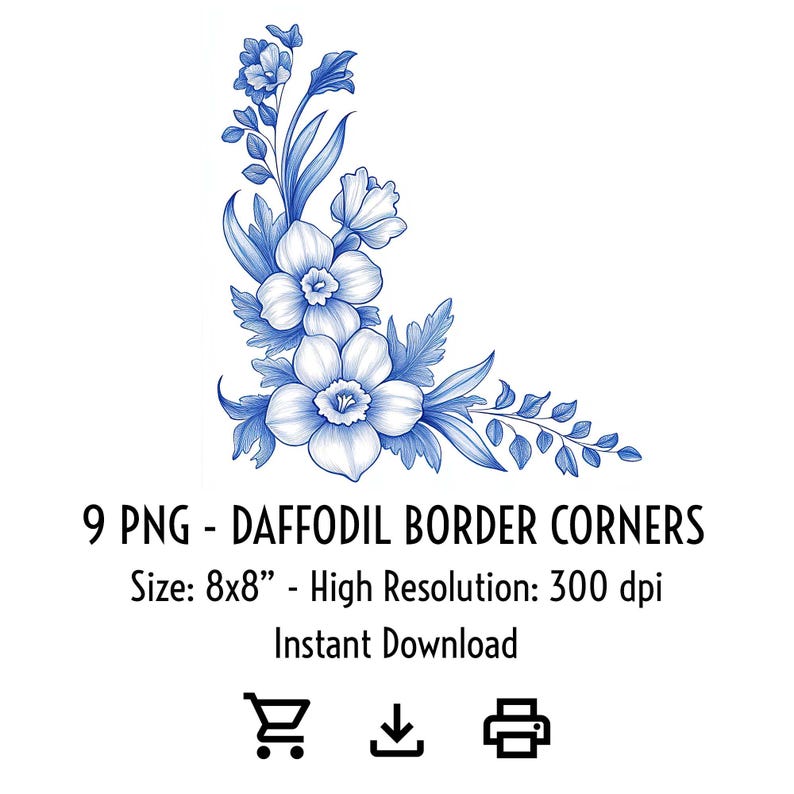 Blue Ink Daffodil Corner Clipart, Chinoiserie Flower Border PNG, 9 ...