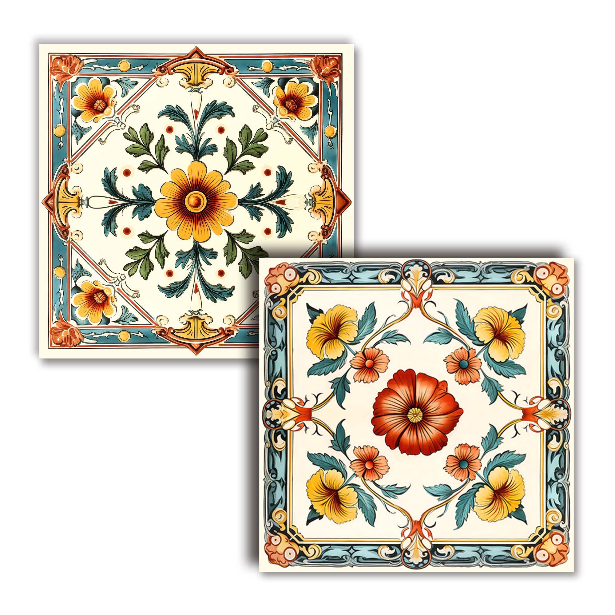 Vintage Tiles Classic Design Red Yellow Flowers Beige Background Green ...
