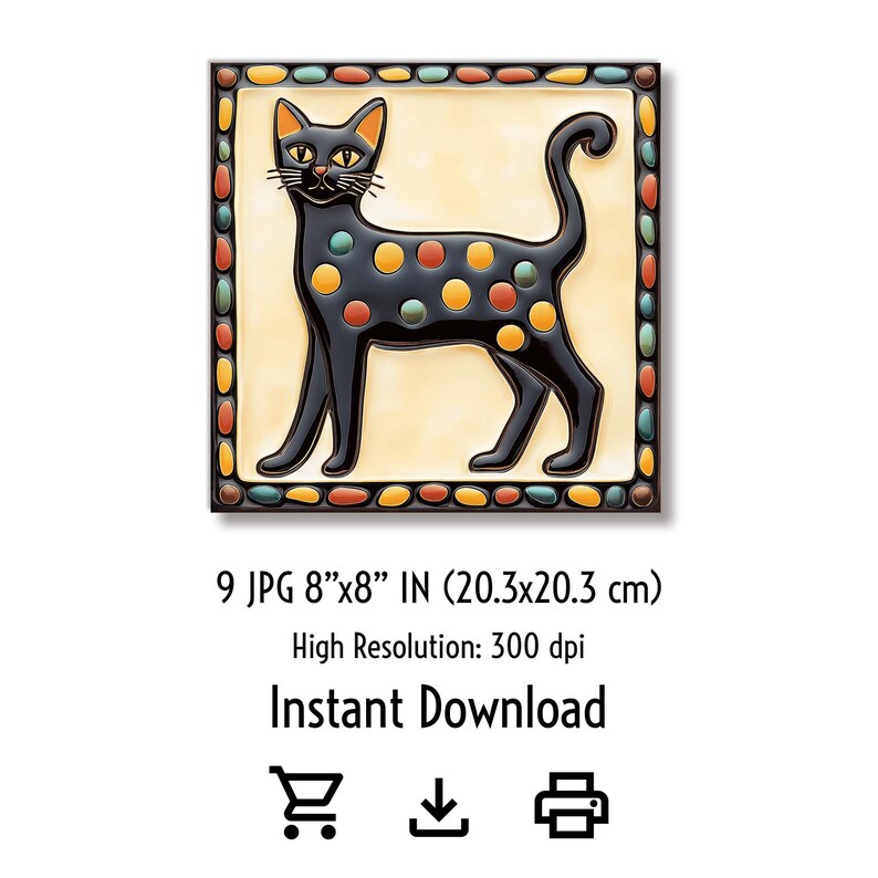 Black Cat Relief Tiles, Beige Background, Folk Naïve Art, Glazed ...