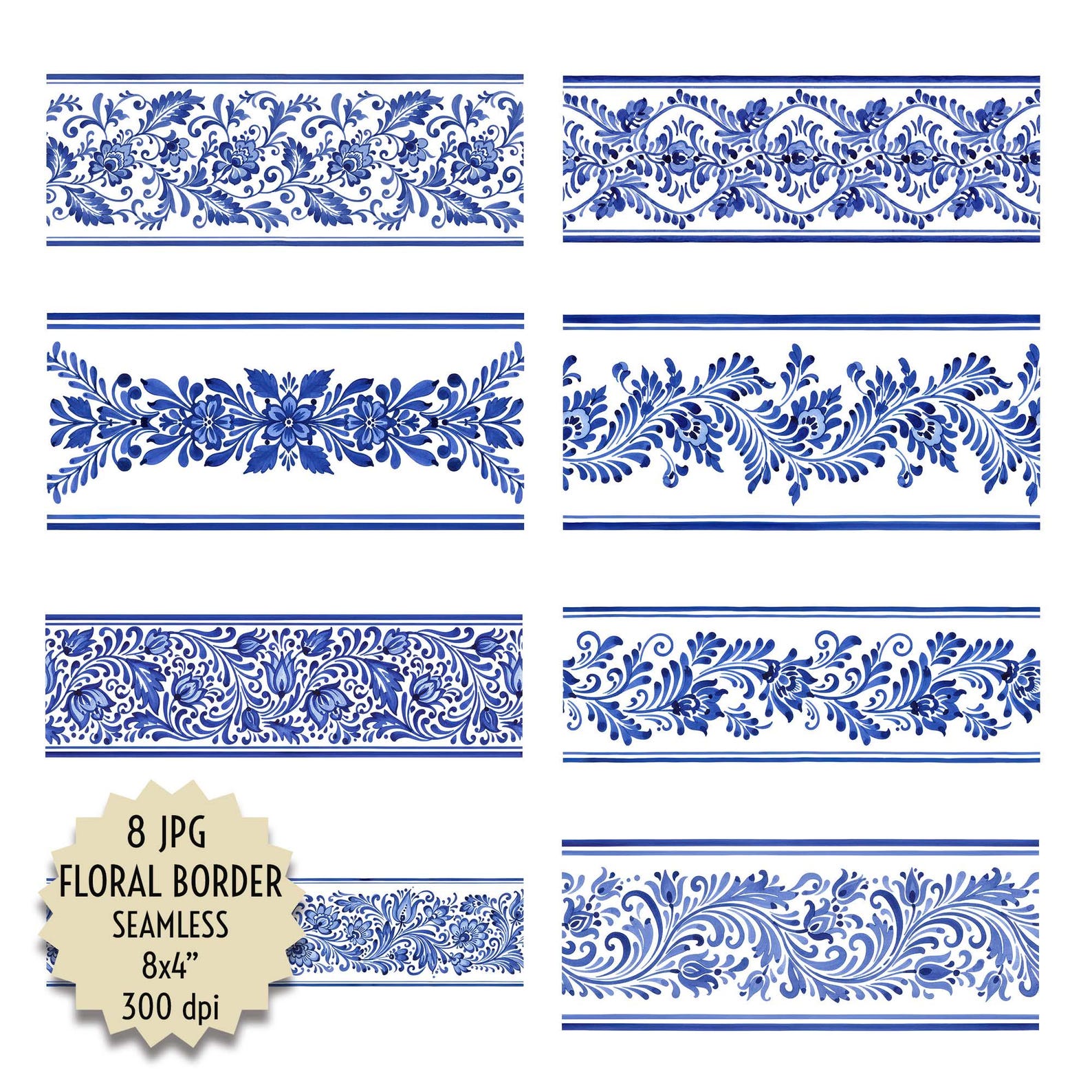 8 Seamless Cobalt Blue Floral Borders JPG Set, Horizontal Symmetrical ...