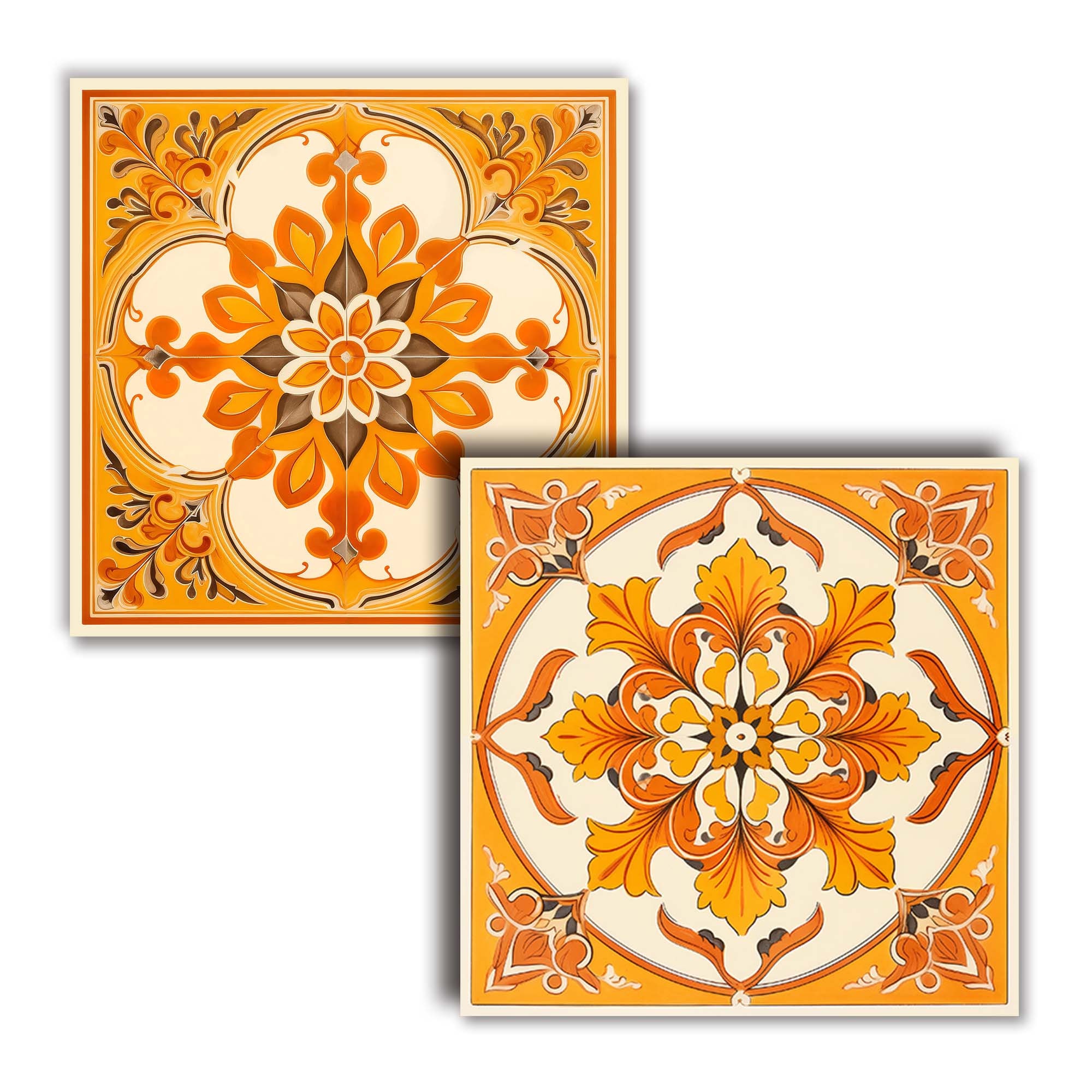 Orange Vintage Antique Spanish-style Geometric Floral Tiles Decorative ...
