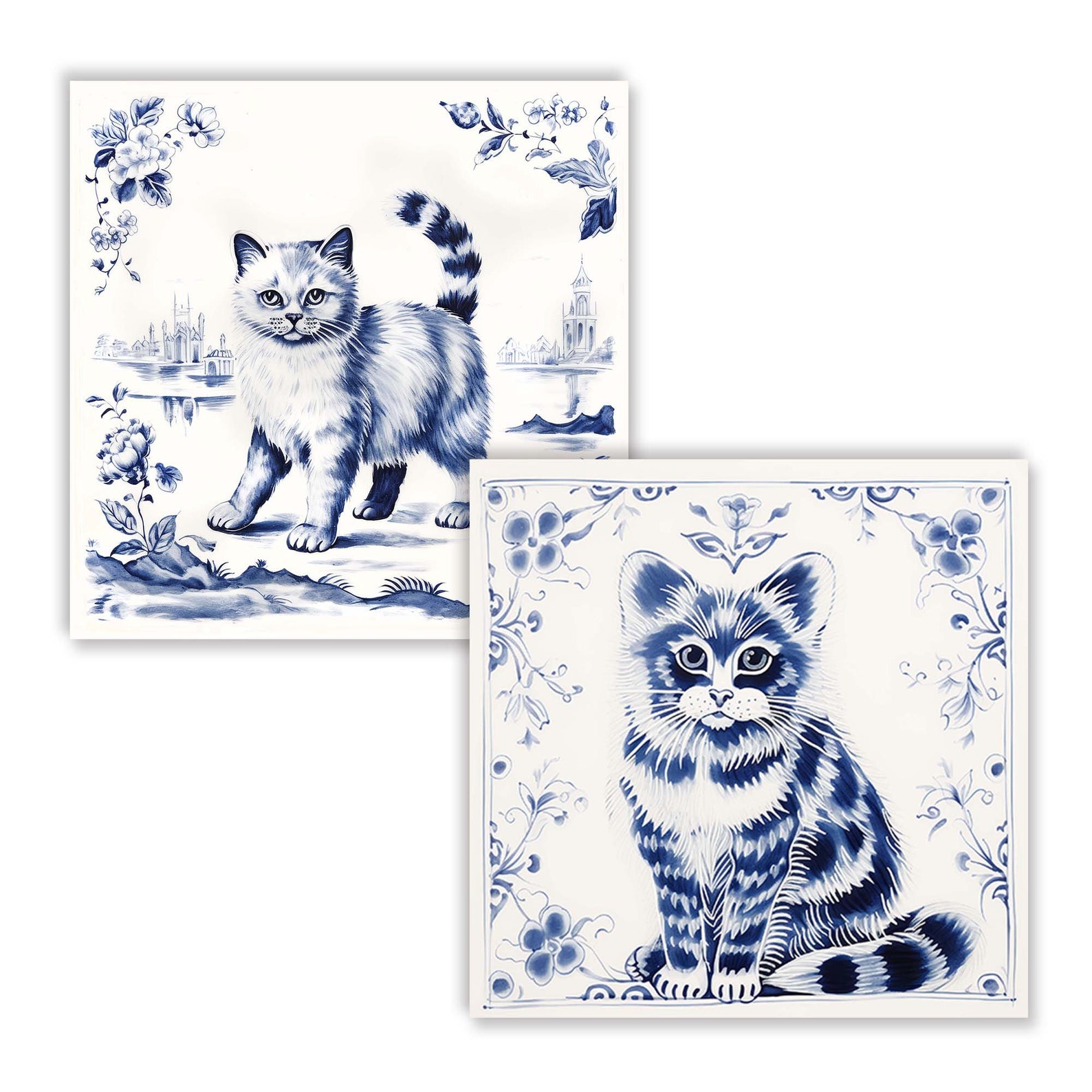 26 Antique Cat Tiles Blue and White Hand-painted Porcelain Decor ...