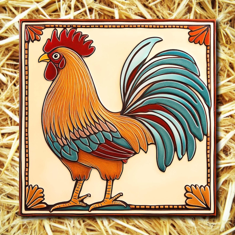 Farmhouse Rooster Tile, Rustic Folk Style, Vibrant Colors, Digital ...