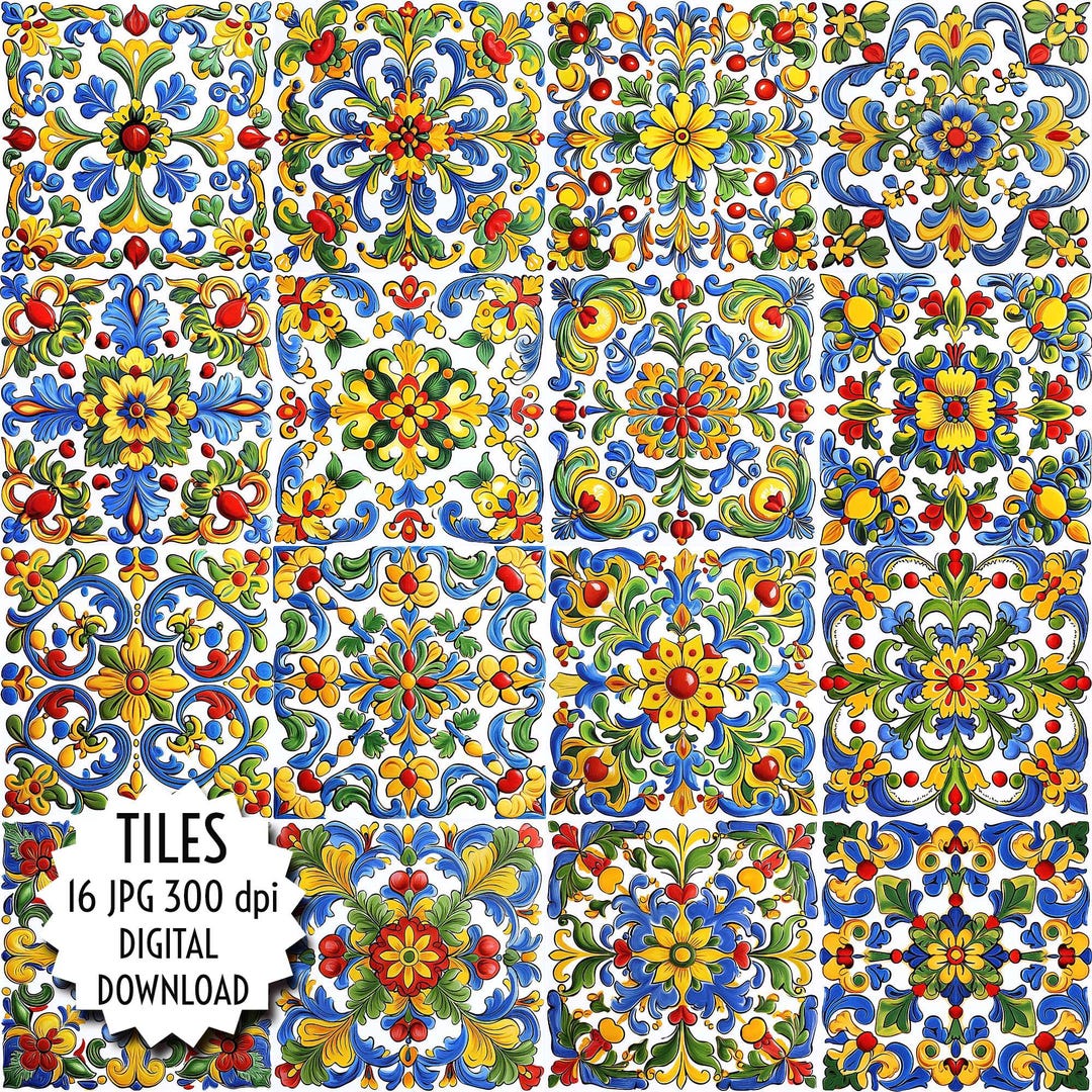 Decorative Tile Patterns, Colorful Floral Designs, Digital Images 8x8 ...