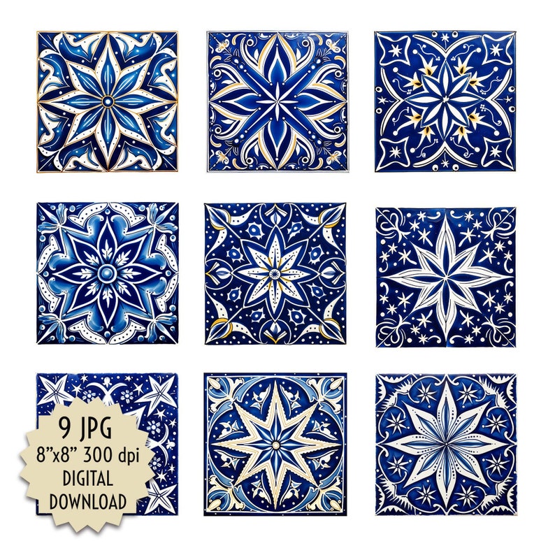 Set of 9 Cobalt Blue Tiles Inspired by Portuguese and Spanish Ceramics ...