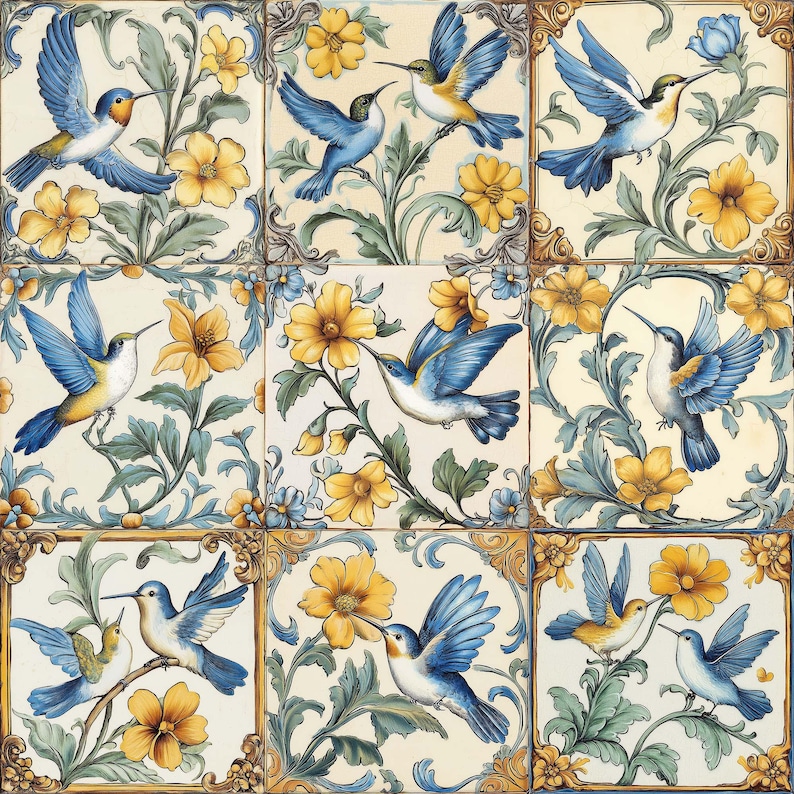 Blue Birds Tiles, Hummingbirds, Yellow Flowers, Antique Classic Vintage ...