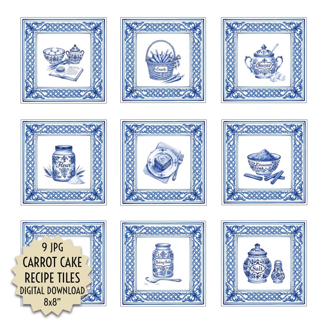 Carrot Cake Recipe Tiles | Blue and White | Kitchen Wall Art Prints ...