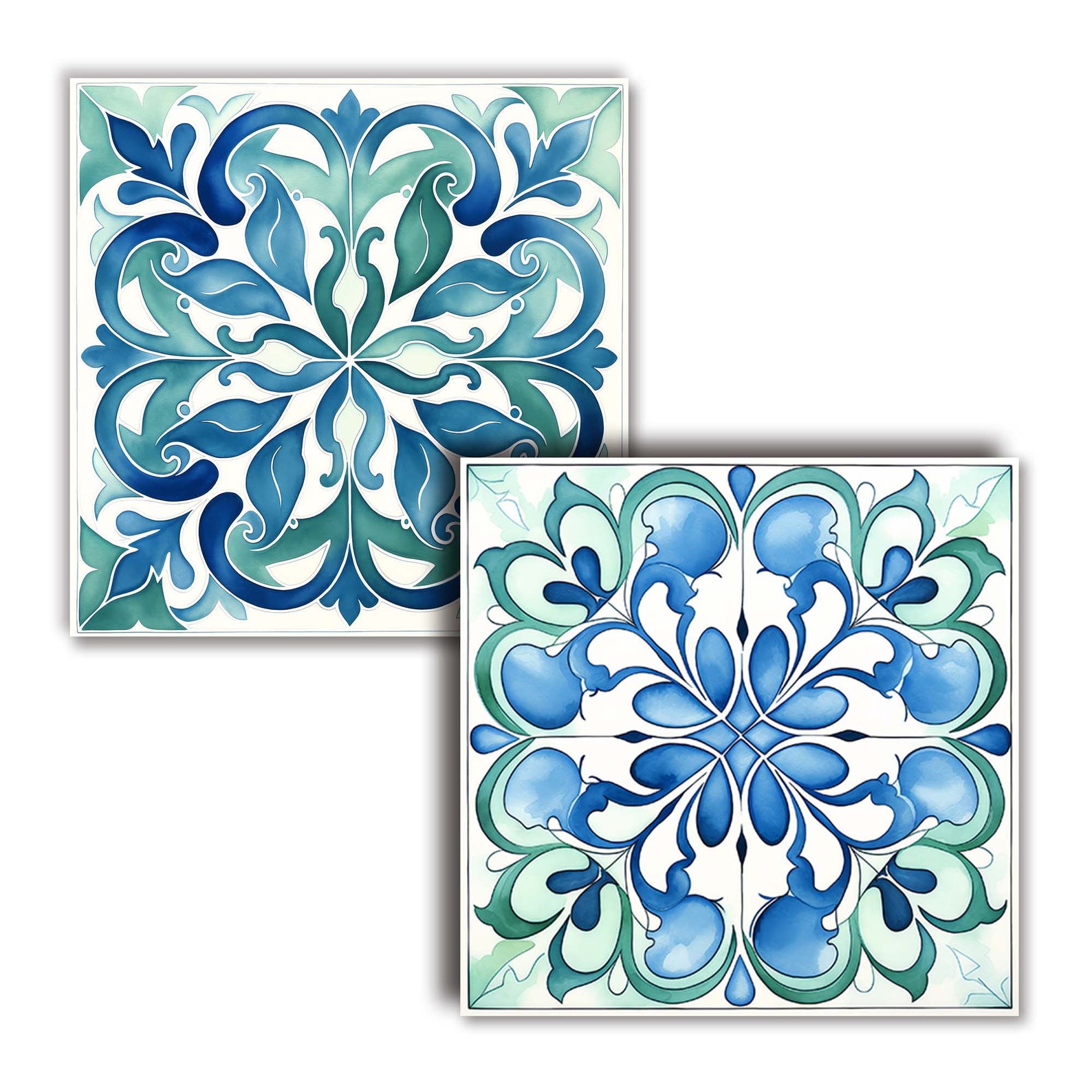 Blue and Green Tile Floral Pattern Watercolor Square Mosaic ...
