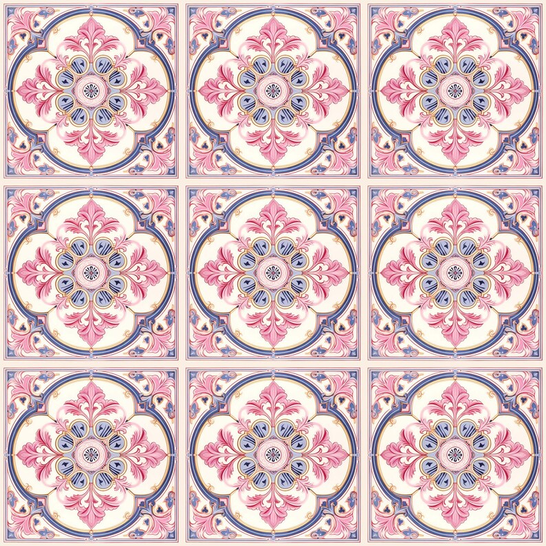 Pink Vintage Antique Spanish-style Geometric Floral Tiles Decorative ...