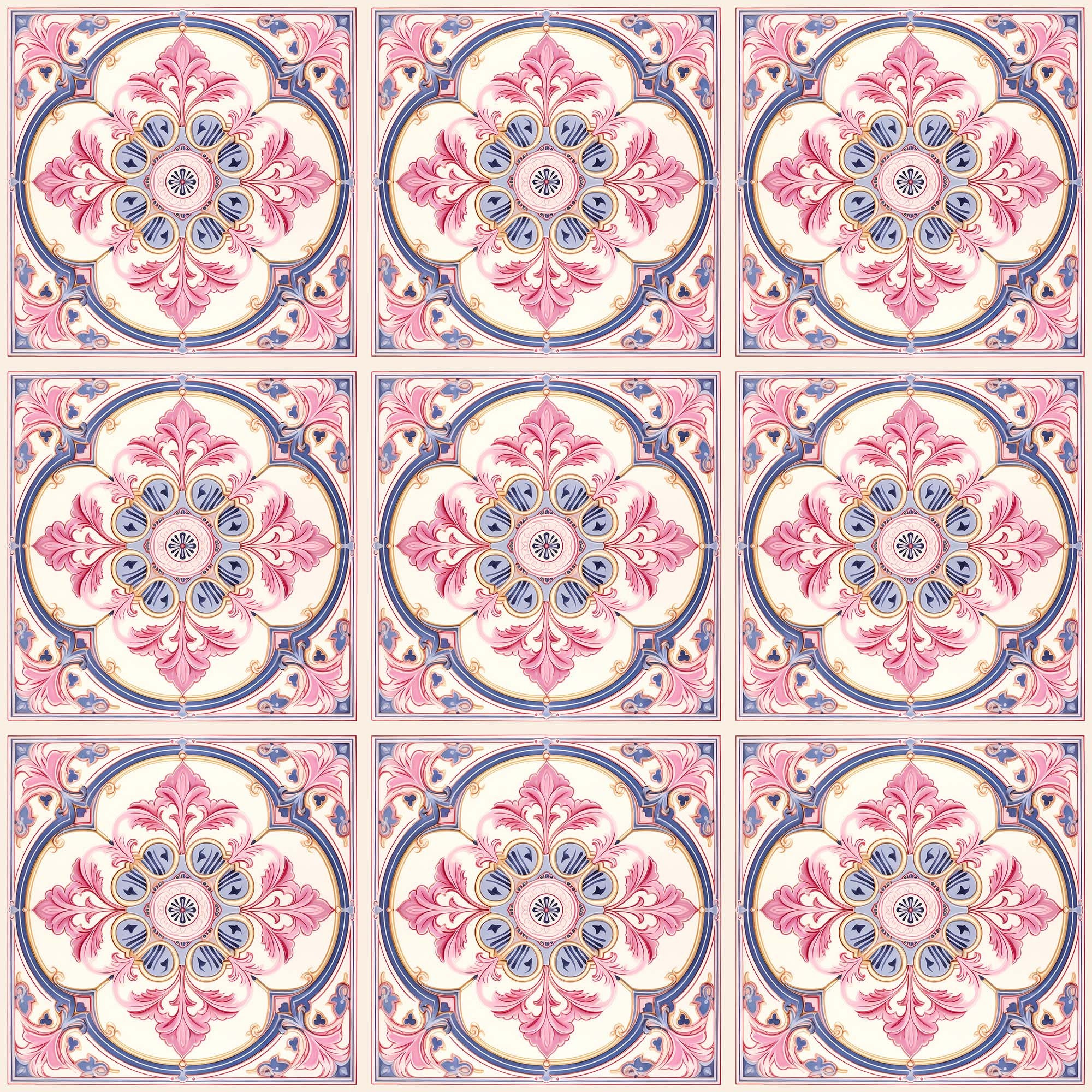 Pink Vintage Antique Spanish-style Geometric Floral Tiles Decorative ...