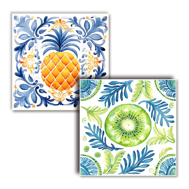 Fruit Illustration Tiles, Watercolor in Blue Green Red Orange Yellow ...