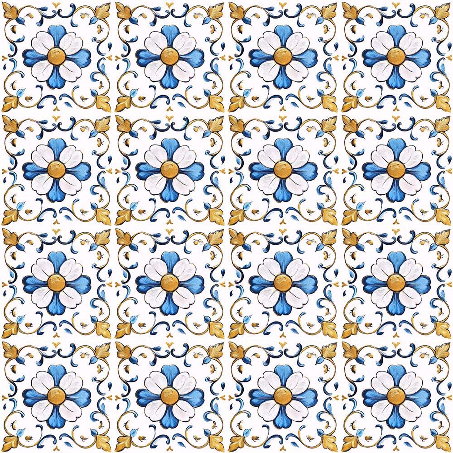 Blue Tile Set, Vintage White Golden Mosaic Patterns, Floral Ceramic ...