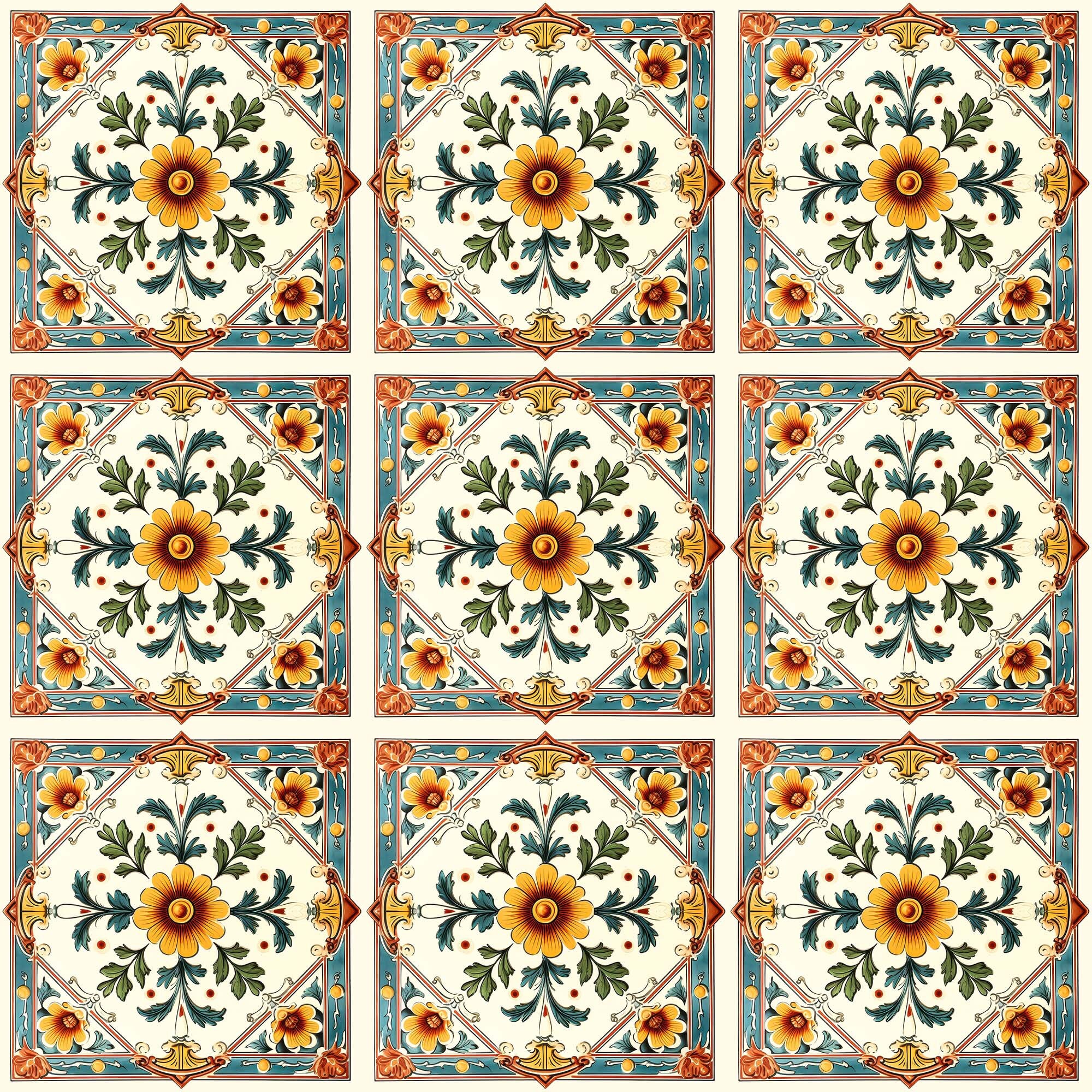 Vintage Tiles Classic Design Red Yellow Flowers Beige Background Green ...