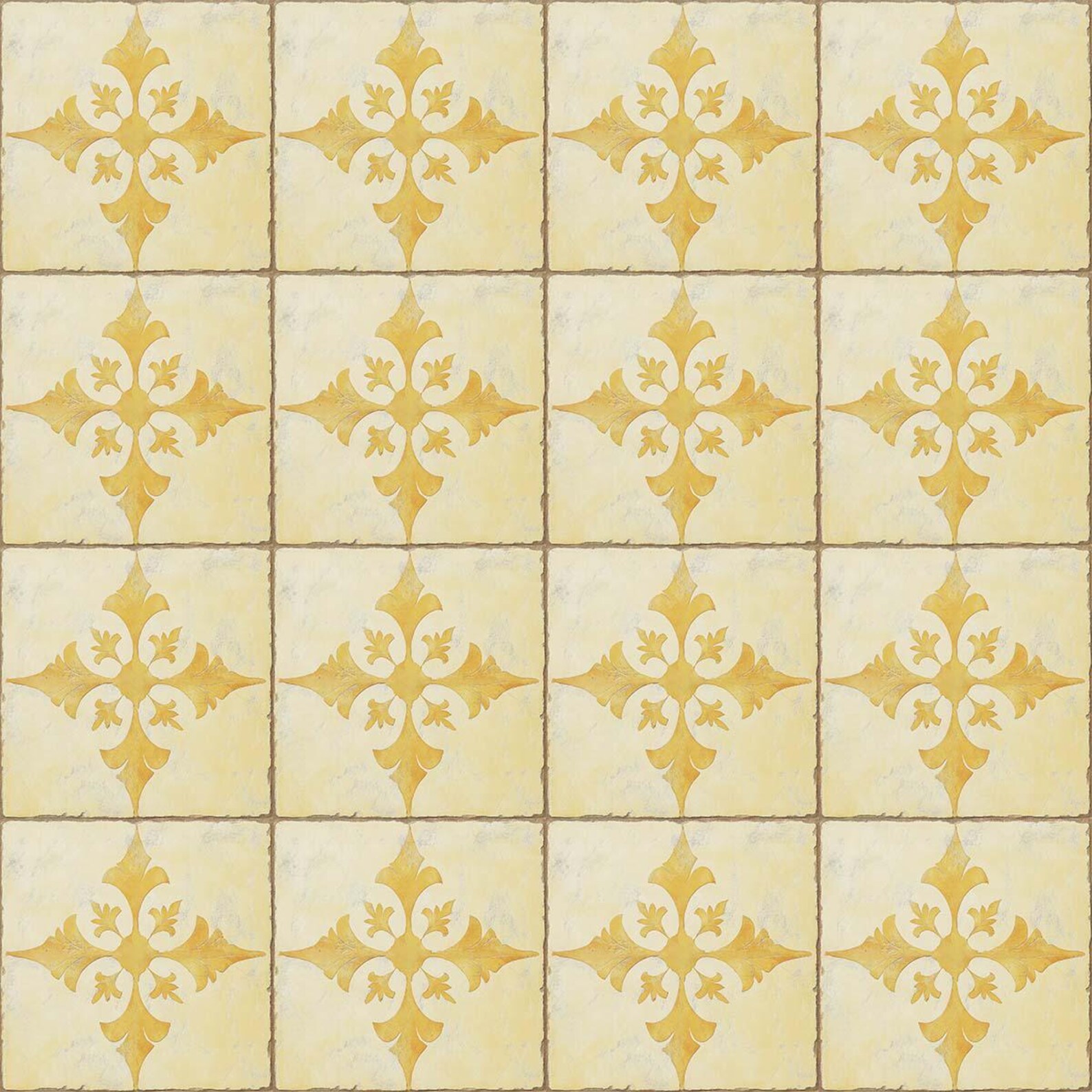 Yellow Tiles, Aged Worn Medieval Design, Floral and Cross, Cream Tones ...