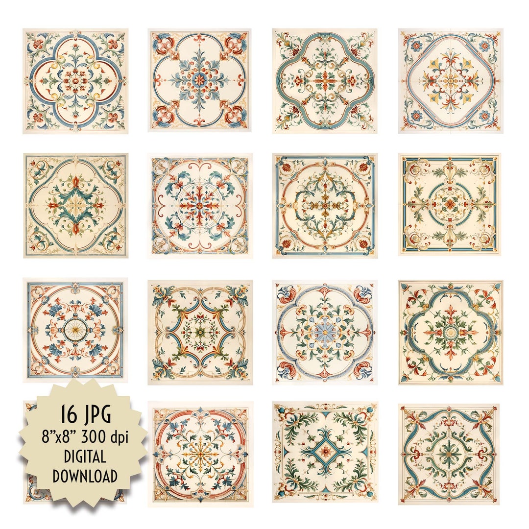 Old Antique Classic Tiles Printable Digital Download File 8x8" Mosaics ...