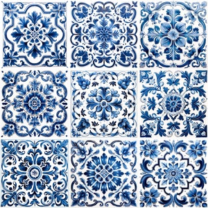 Vintage Blue Mediterranean Spanish Style Tile Digital Design Clipart ...
