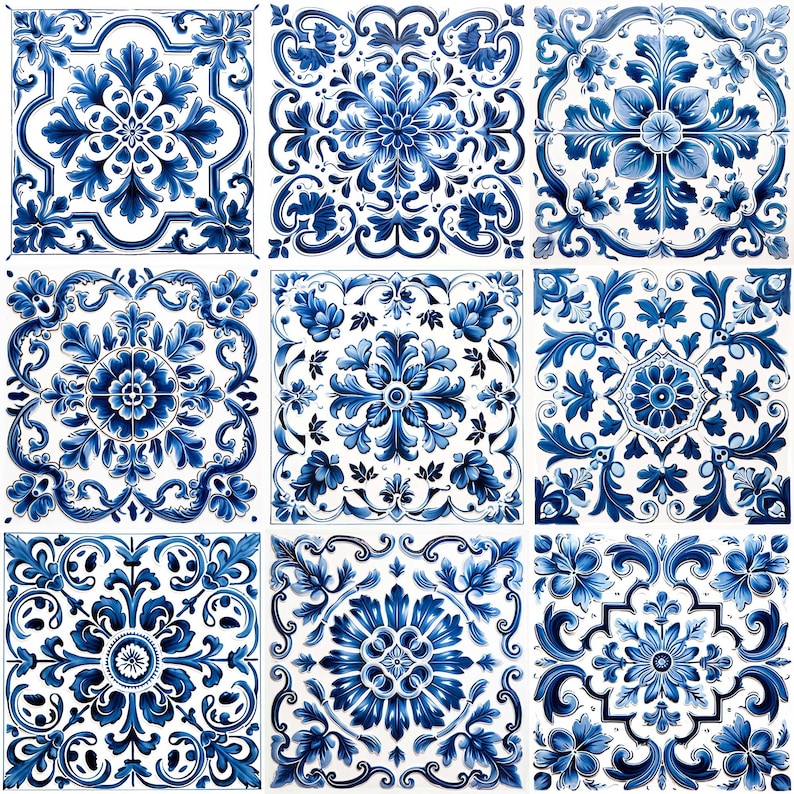 Vintage Blue Mediterranean Spanish Style Tile Digital Design Clipart ...