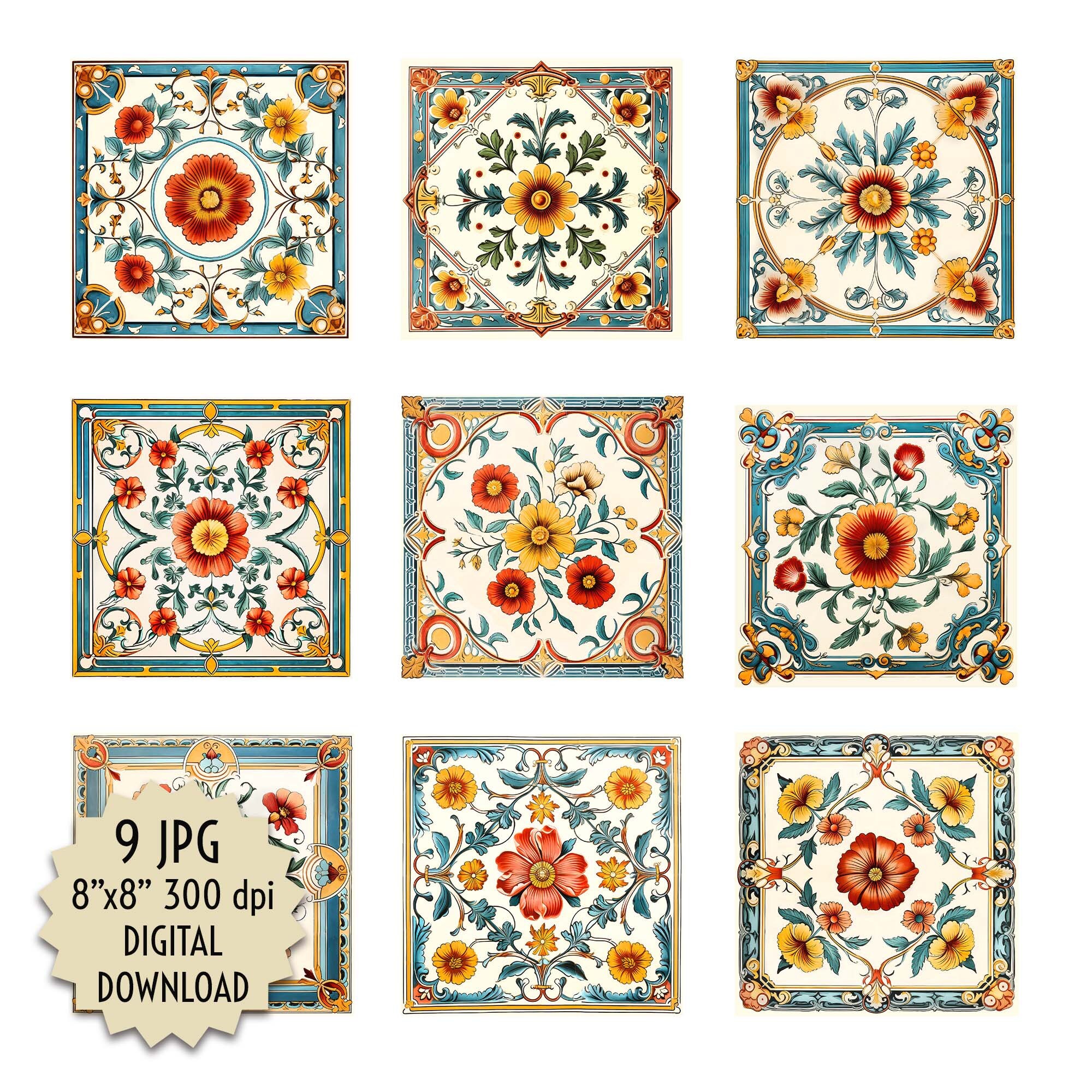 Vintage Tiles Classic Design Red Yellow Flowers Beige Background Green ...