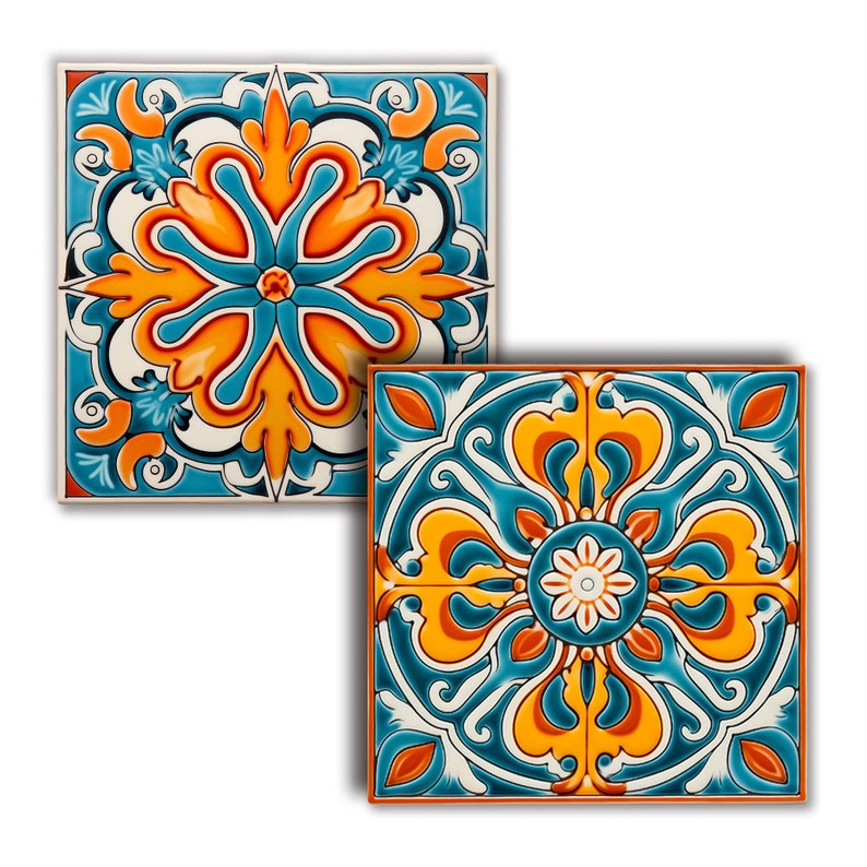 Blue Orange Traditional Ceramic Tiles Vibrant Colors Floral Pattern ...