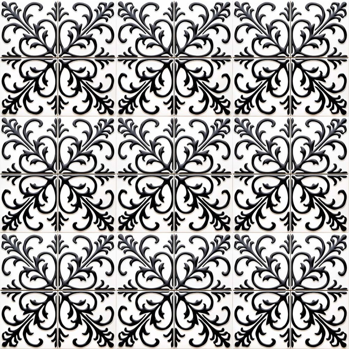Victorian Style Ceramic Tile Print, Black and White Glossy Design ...