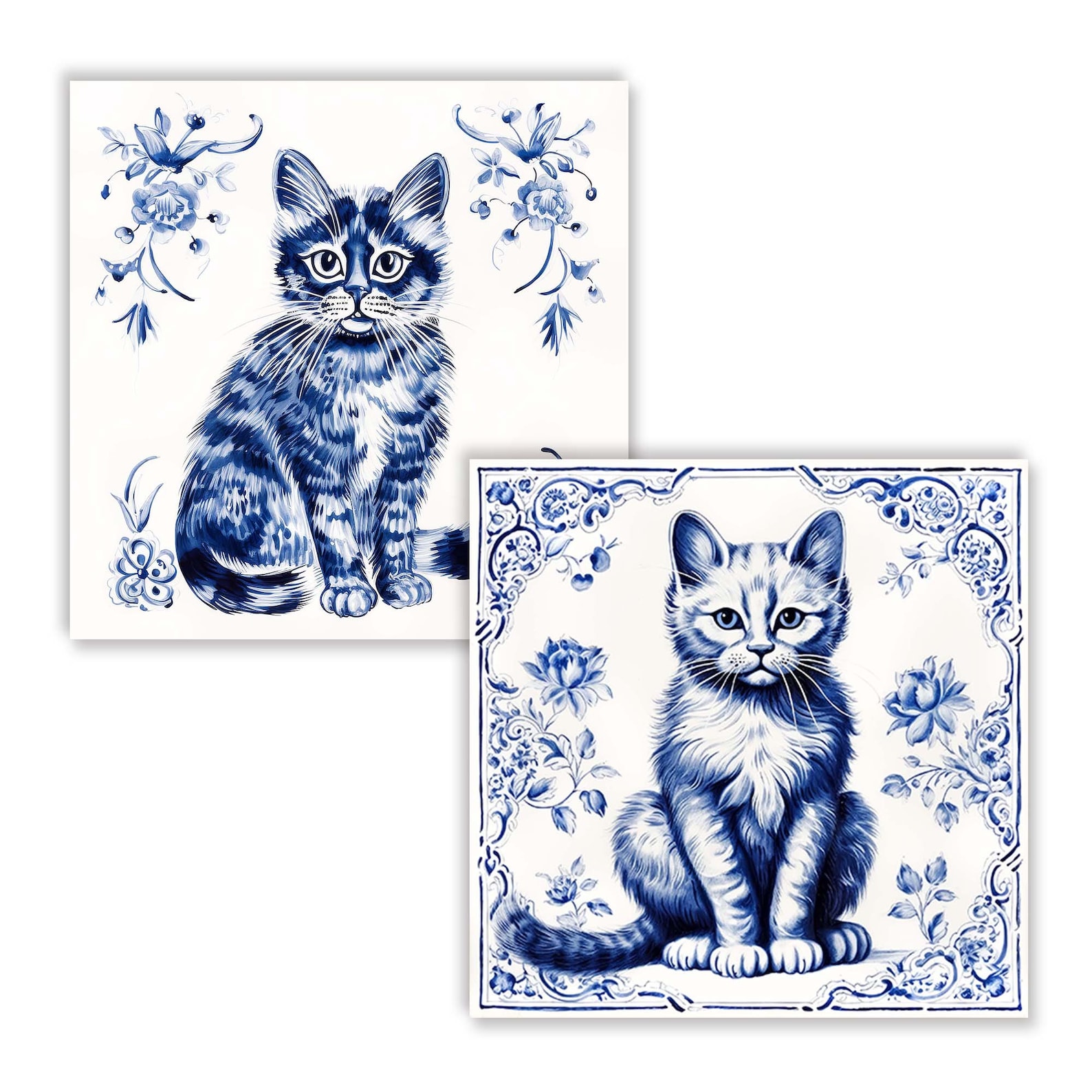 26 Antique Cat Tiles Blue and White Hand-painted Porcelain Decor ...