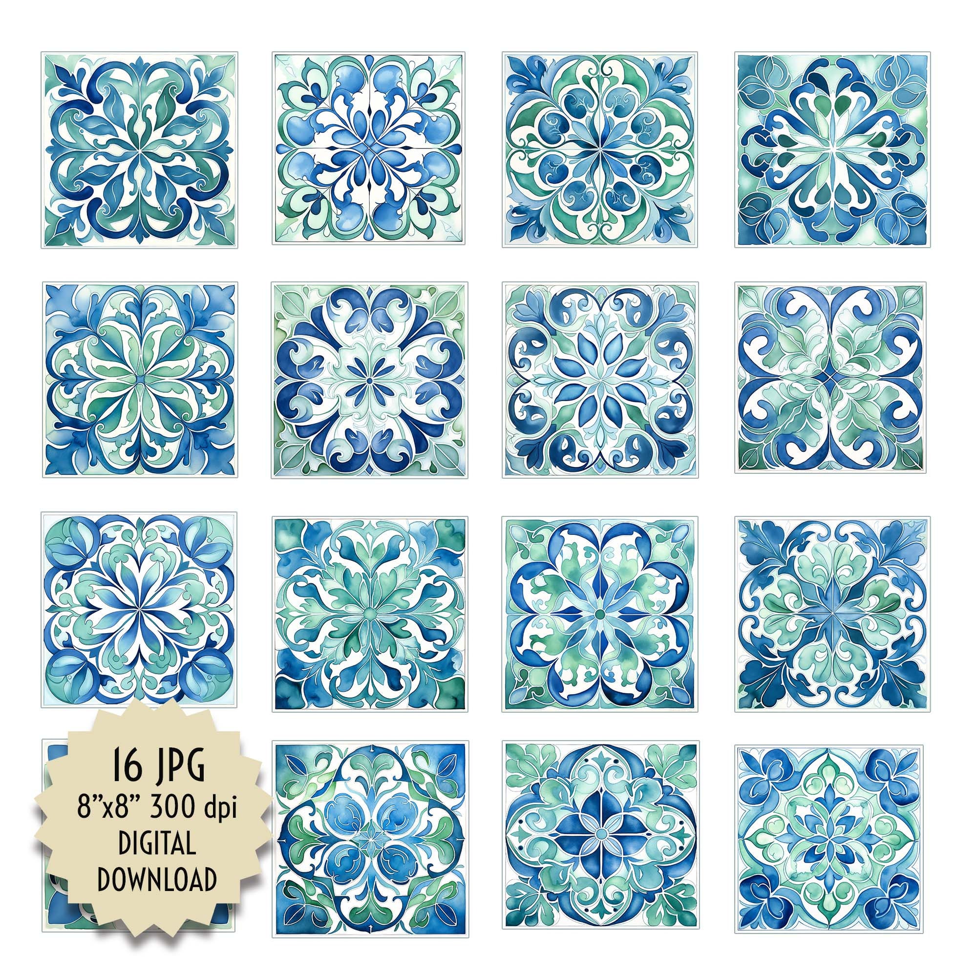Blue and Green Tile Floral Pattern Watercolor Square Mosaic ...