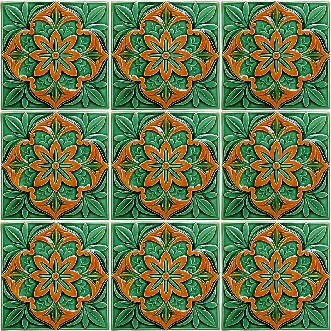 3d Relief Tiles Emerald Green Orange Ceramic Realistic PNG 8 X 8 ...