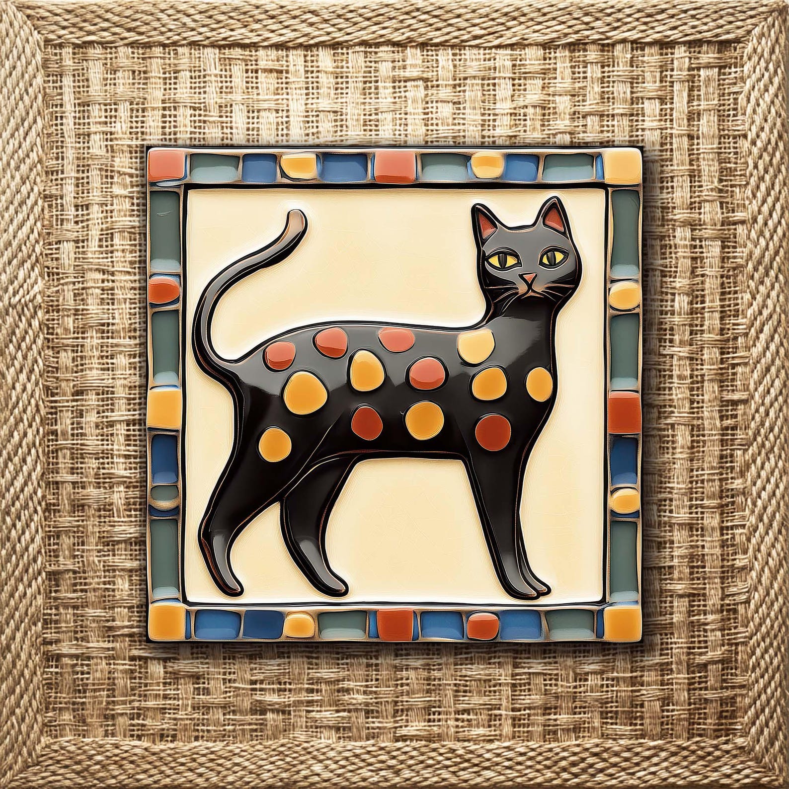 Black Cat Relief Tiles, Beige Background, Folk Naïve Art, Glazed ...