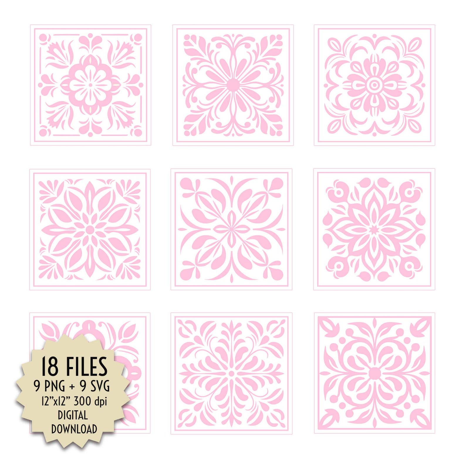 Pink Tile, White Background, SVG, Square, Geometric, Floral Pattern ...