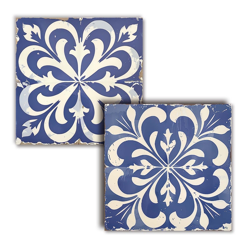 Rustic Vintage Blue and White Tile, Mediterranean Hydraulic Mosaic Worn ...