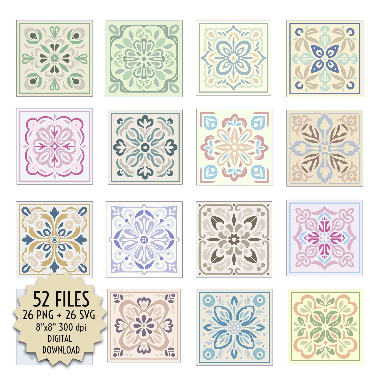 Pastel Colors Tiles Vector Set of 26 Spanish-style Tiles, Decoration ...