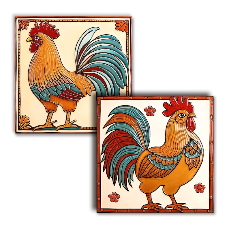 Farmhouse Rooster Tile, Rustic Folk Style, Vibrant Colors, Digital ...