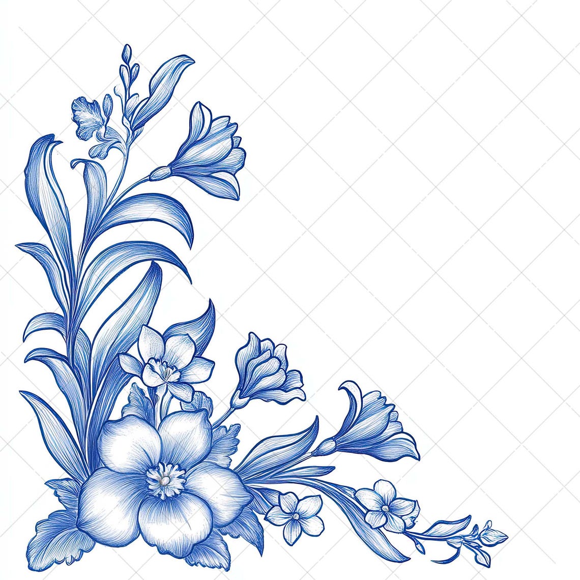 Blue Ink Daffodil Corner Clipart, Chinoiserie Flower Border PNG, 9 ...