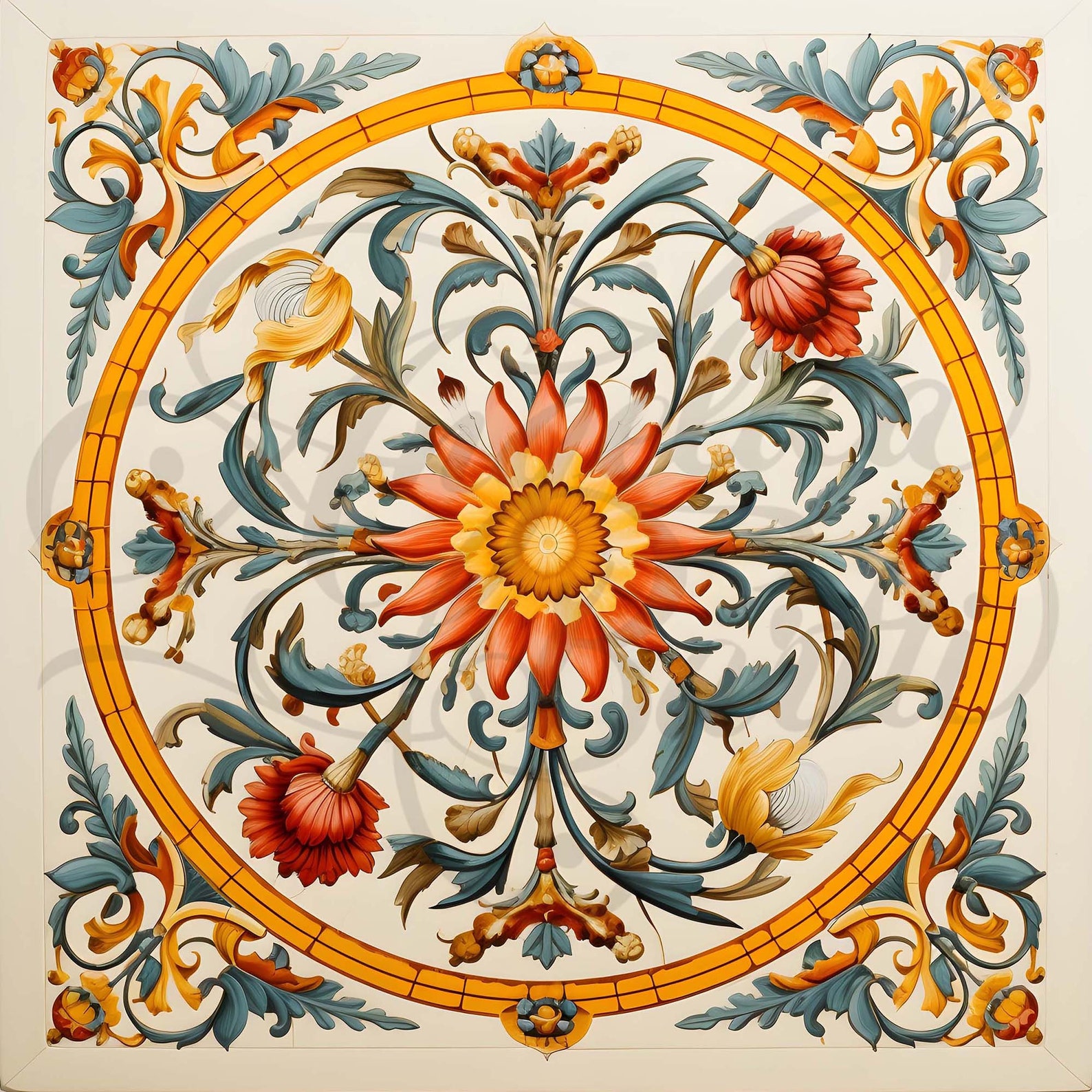 Geometric Floral Ornament Ancient Tile Red Green Brown Beige Mosaic ...