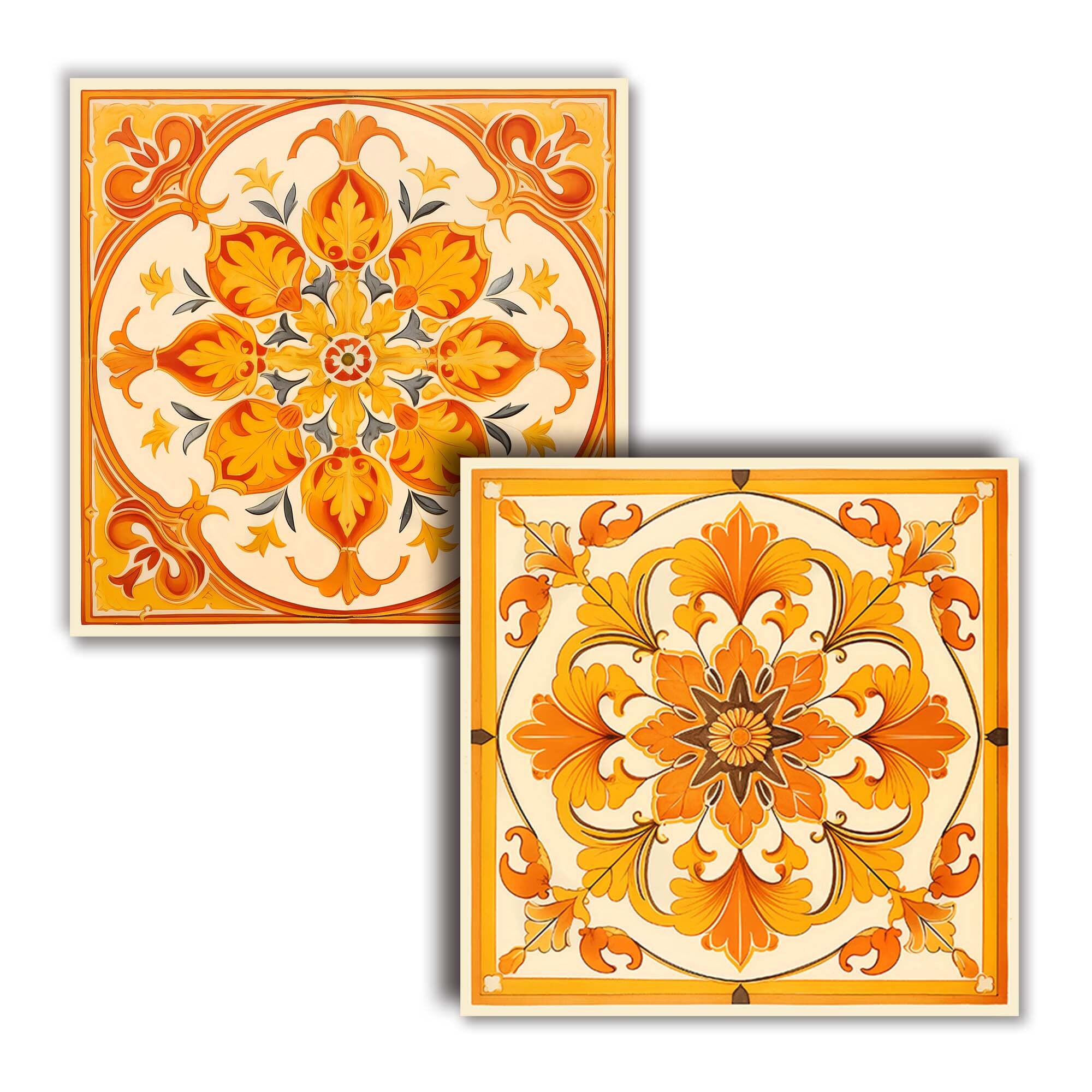 Orange Vintage Antique Spanish-style Geometric Floral Tiles Decorative ...