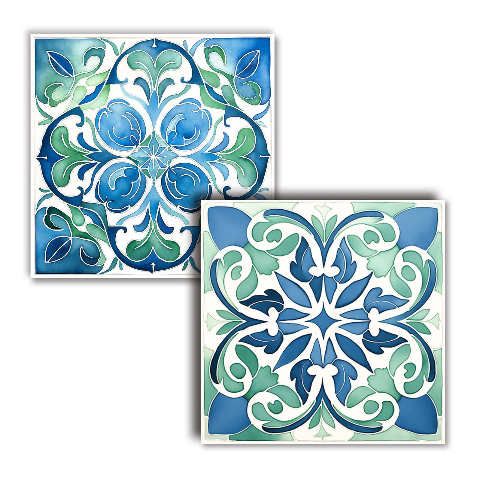 Blue and Green Tile Floral Pattern Watercolor Square Mosaic ...