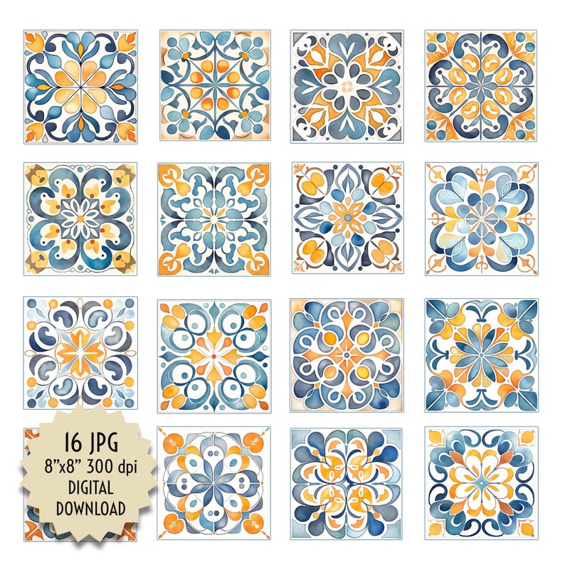 Set of 16 Tile Illustrations, Spanish Mosaic, Blue, Orange, White ...