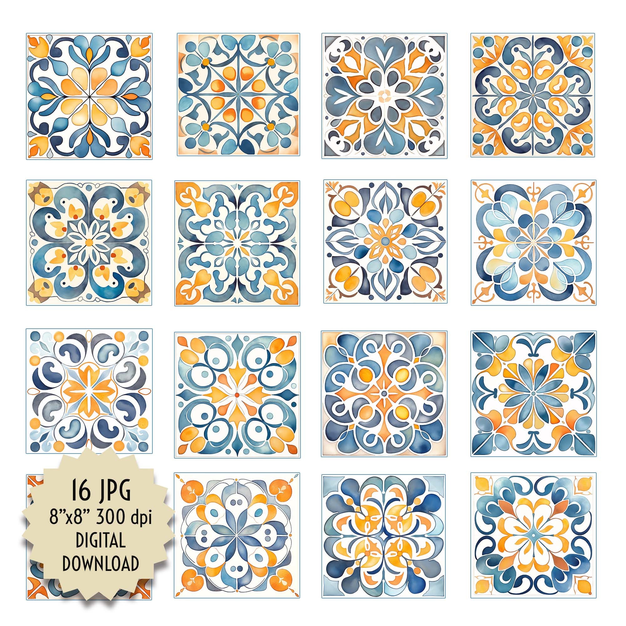 Set of 16 Tile Illustrations, Spanish Mosaic, Blue, Orange, White ...
