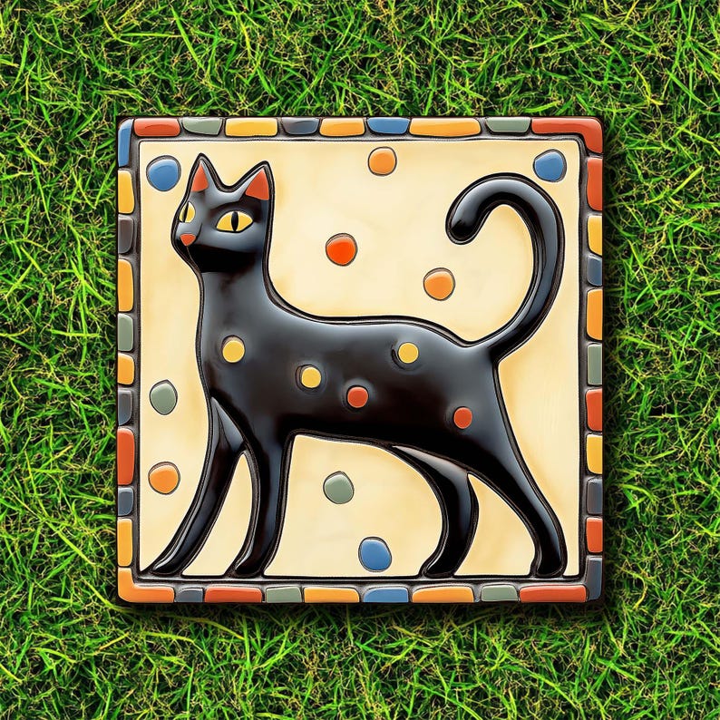 Black Cat Relief Tiles, Beige Background, Folk Naïve Art, Glazed ...