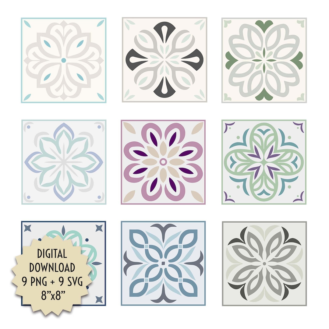 Pastel Colored Vector Drawing Tiles Pattern Floral Geometric Mosaic 8x8 ...